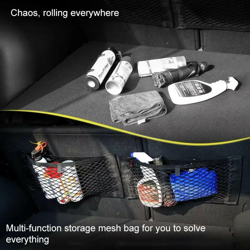 Car Back Seat Mesh Storage Organizer with Elastic String Net and Magic