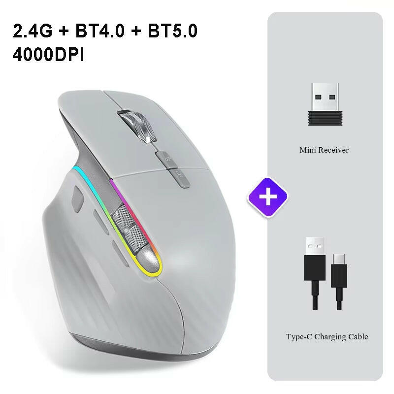 Wireless Mouse Bluetooth+2.4G Tri-Mode Mouse Mute Mice Ergonomic Gamin